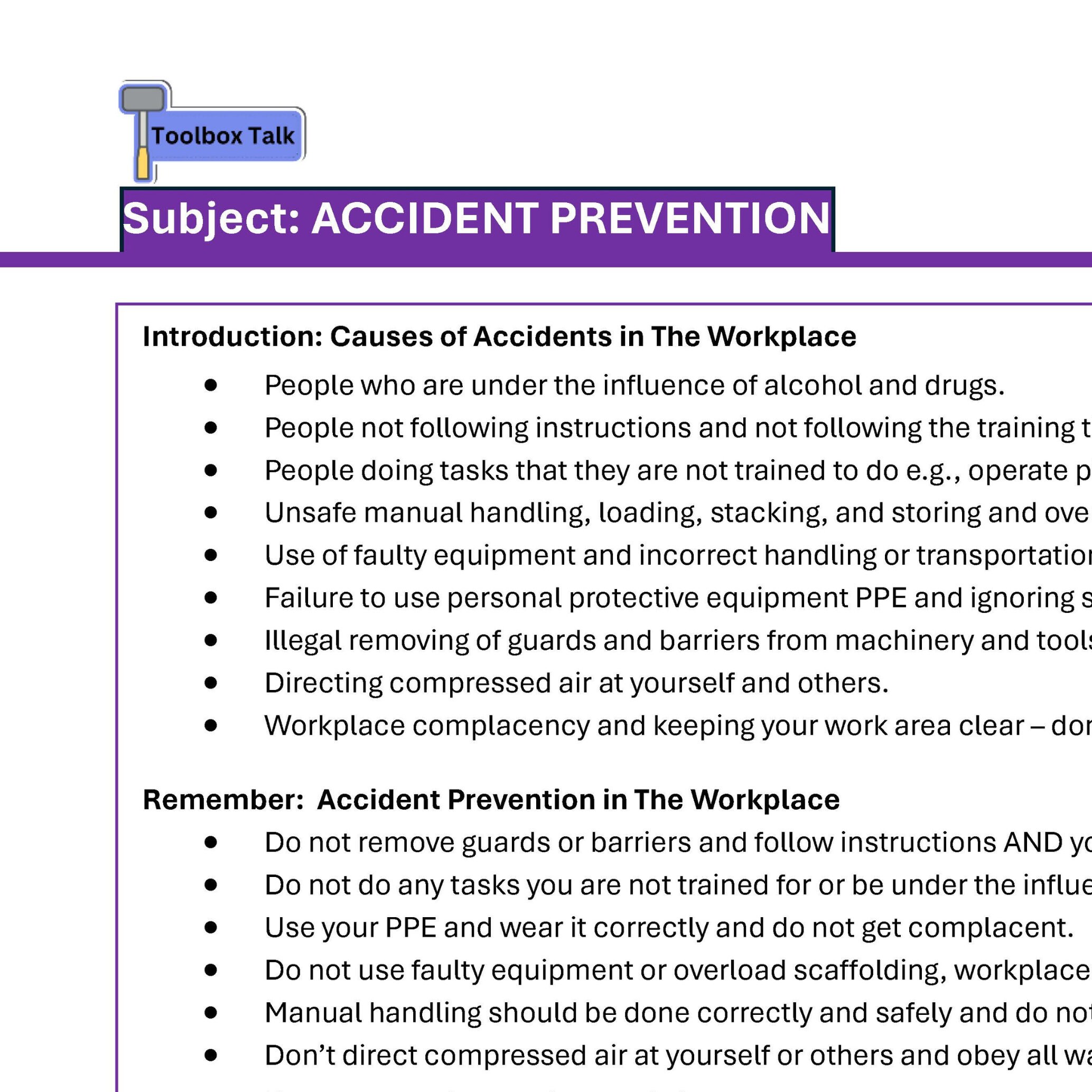 Toolbox Talk - Accident Prevention - PDF Digital Download - Etsy