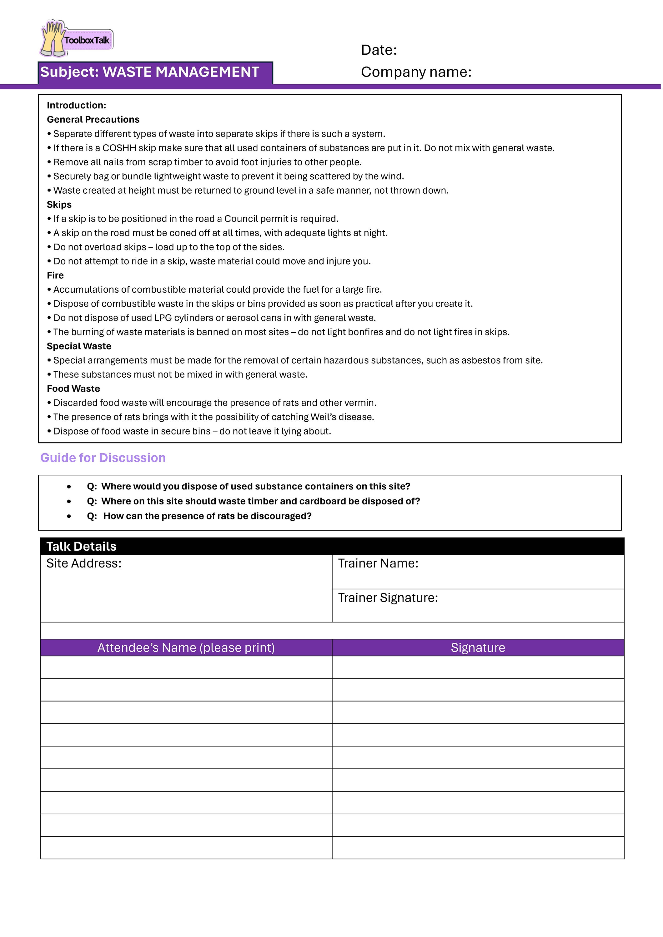 Toolbox Talk - Waste Management - PDF Instant Digital Download - Etsy
