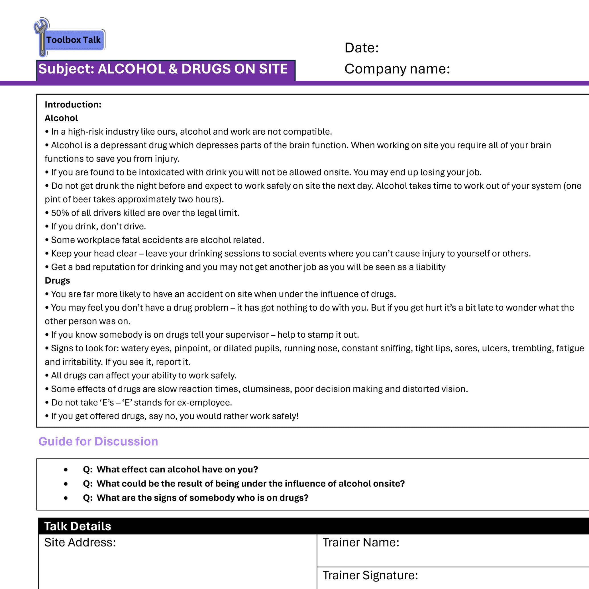 Toolbox Talk - Alcohol & Drugs on Site - PDF Instant Digital Download ...