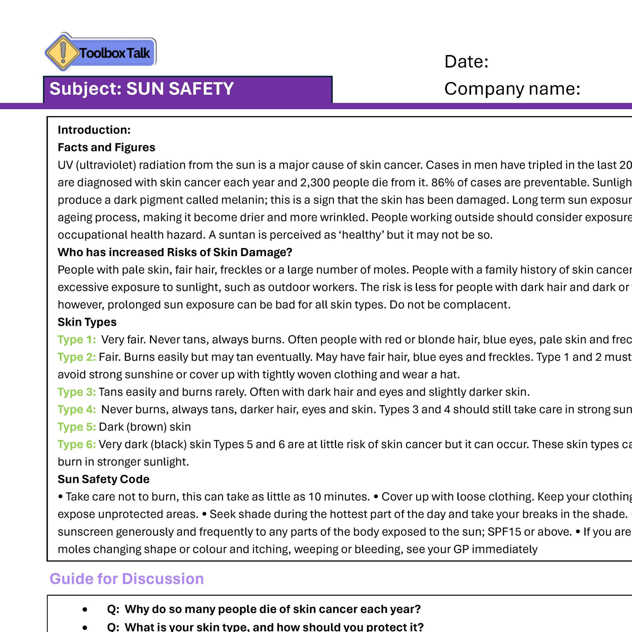 Toolbox Talk Sun Safety PDF Digital Download - Etsy