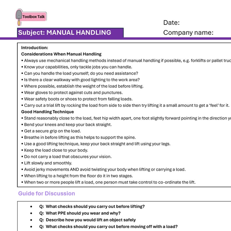 Toolbox Talk - Manual Handling - PDF Digital Download - Etsy