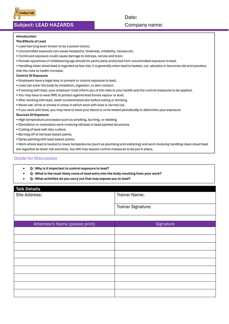Toolbox Talk - Lead Hazards - PDF Digital Download - Etsy