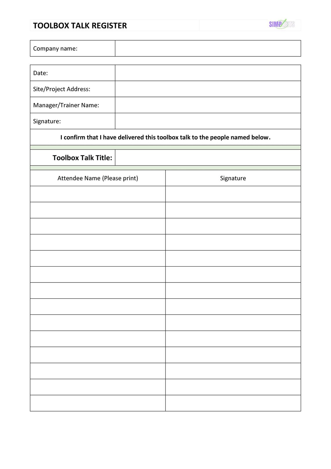 WORD Toolbox Talk Register Download - Etsy