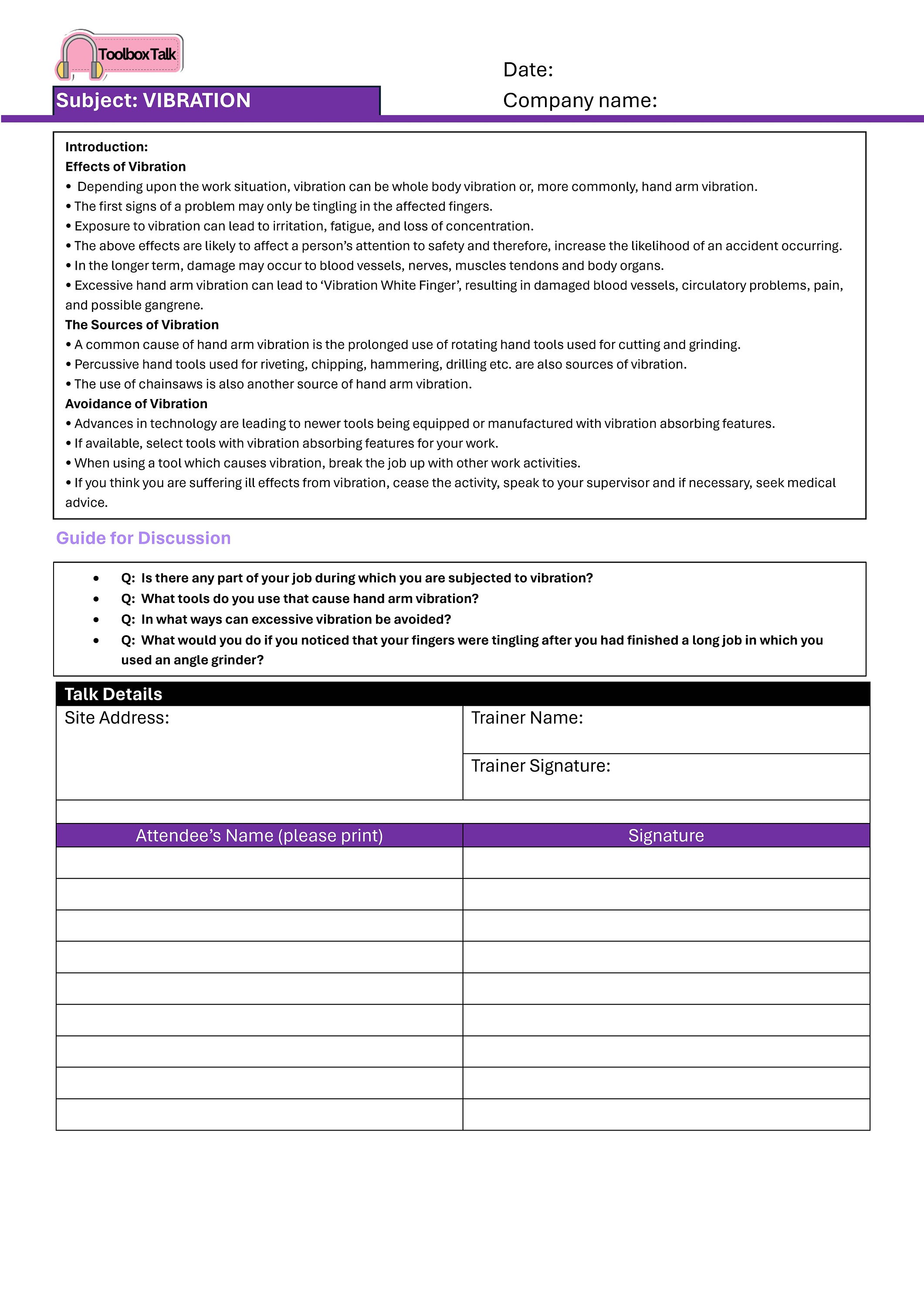 Toolbox Talk - Vibration - PDF Digital Download - Etsy