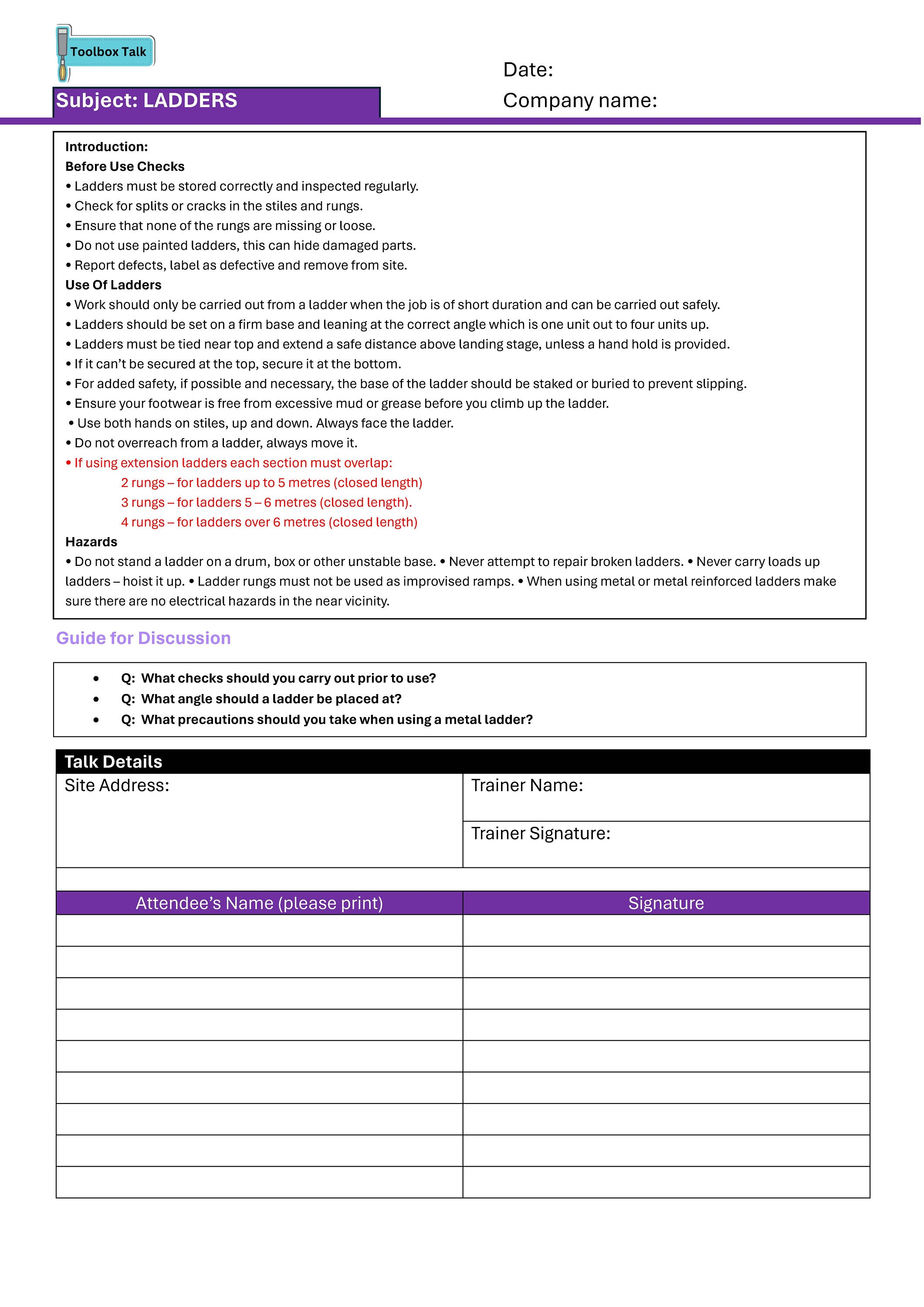 Toolbox Talk Ladders PDF Digital Download - Etsy