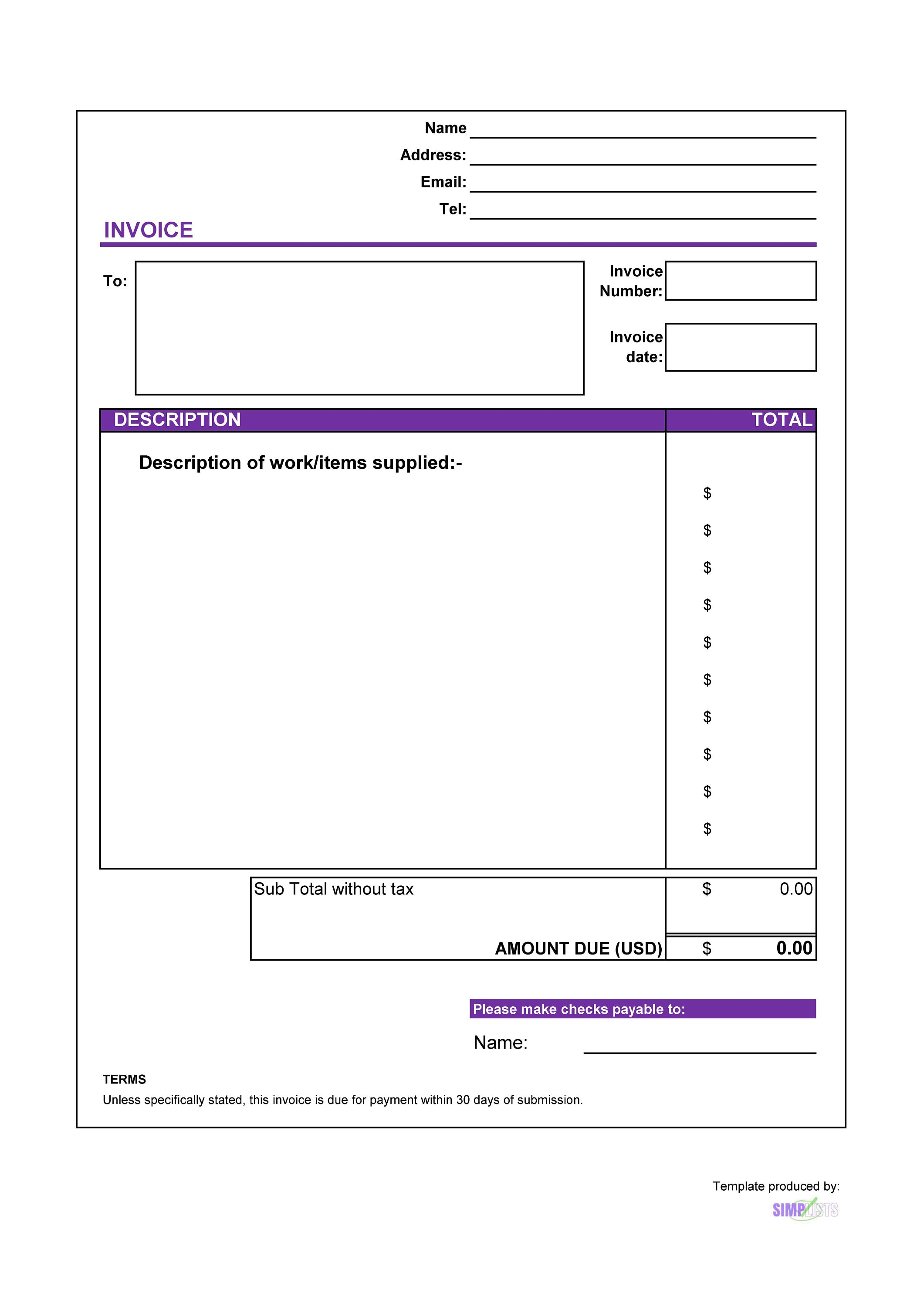 EXCEL Invoice Template (without Tax) Download - Etsy