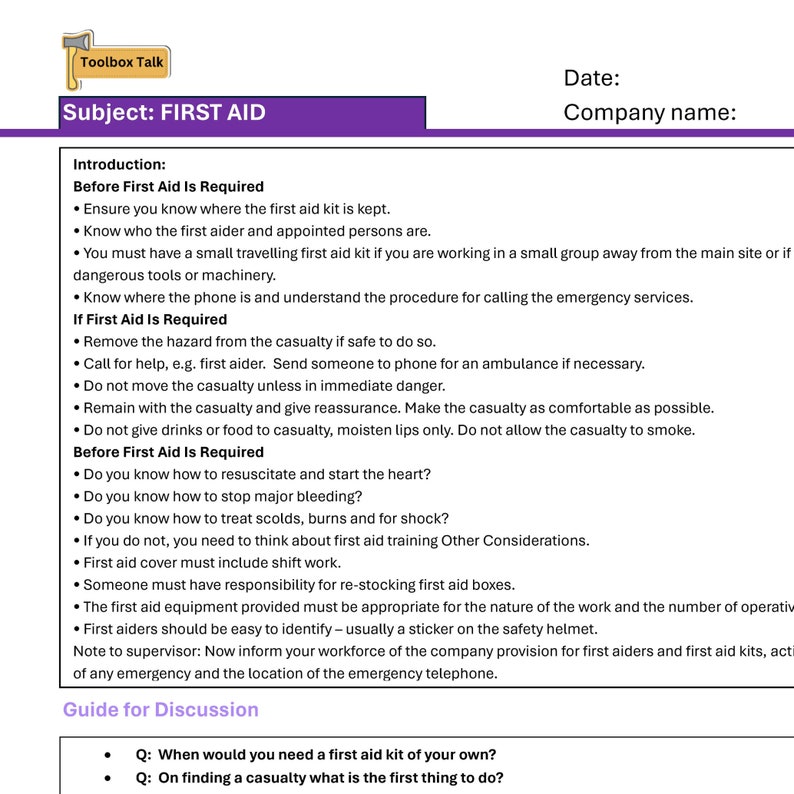 Toolbox Talk First Aid PDF Digital Download - Etsy