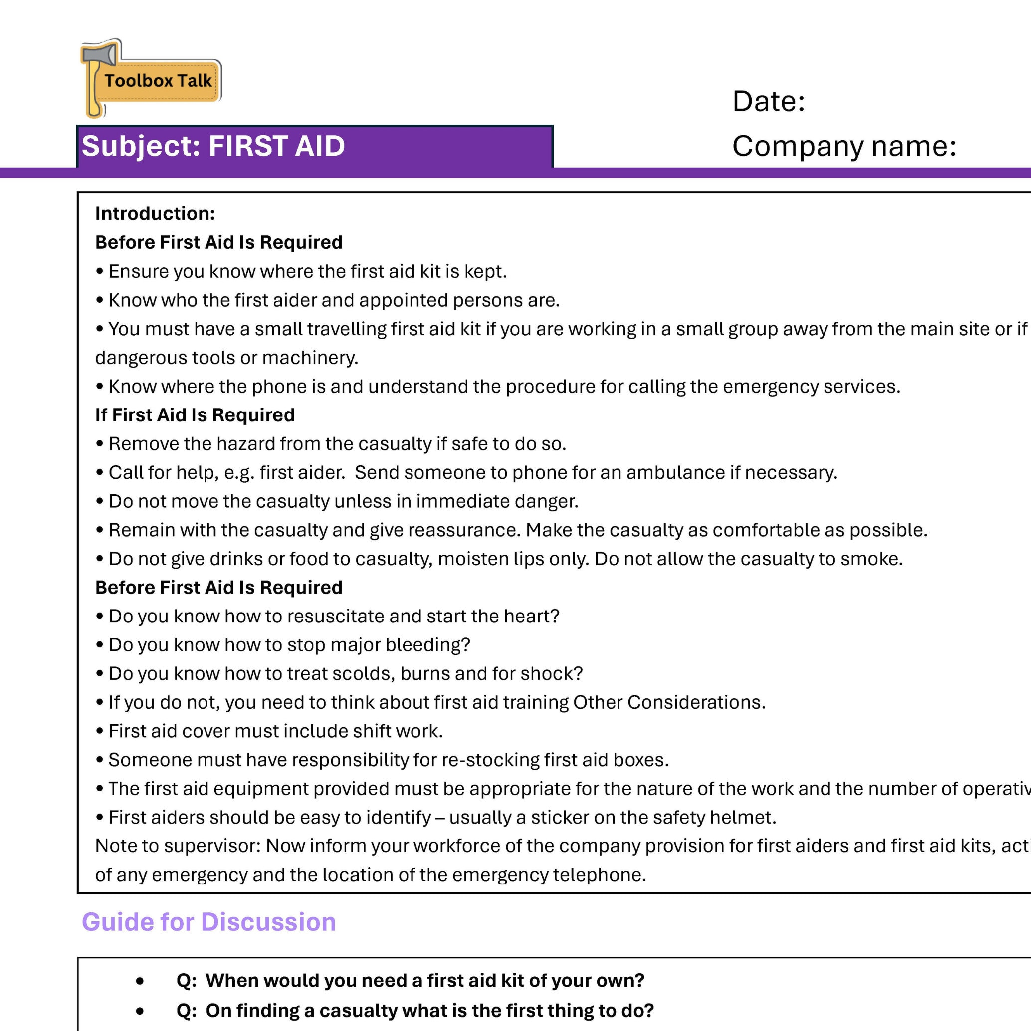 Toolbox Talk First Aid PDF Digital Download - Etsy