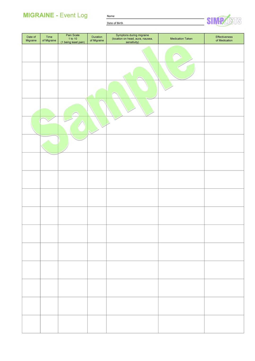 Migraine Event Log Form - PDF File Instant Download - Etsy UK