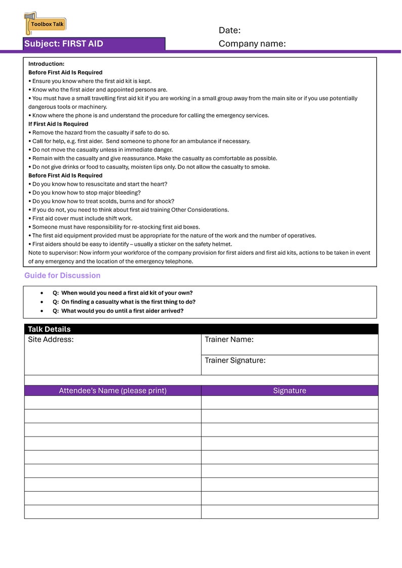 Toolbox Talk First Aid PDF Digital Download - Etsy