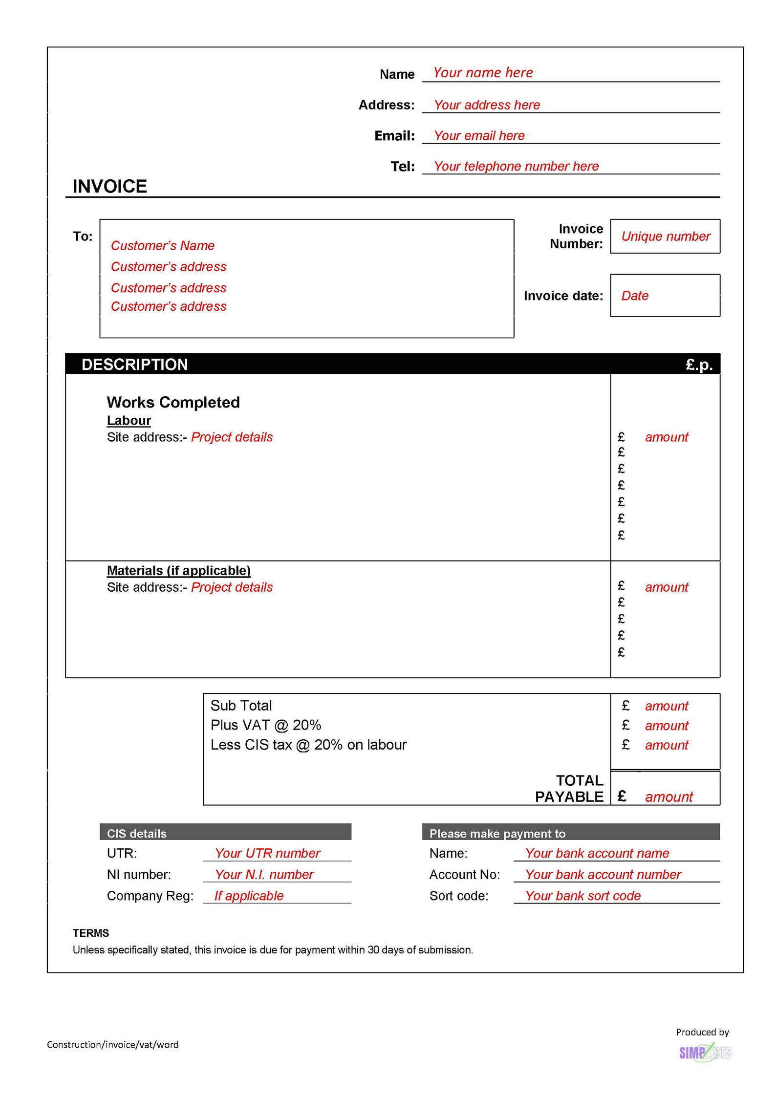 PDF CIS Invoice Template with Vat Download - Etsy