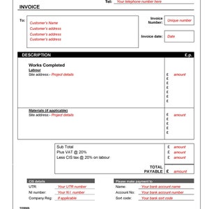 CIS Invoice Template (with Vat) - PDF File Instant Digital Download ...