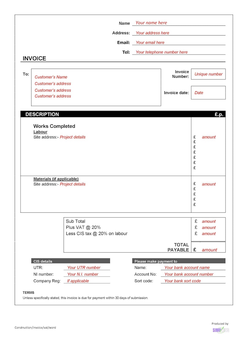 CIS Invoice Template (with Vat) - PDF File Instant Digital Download ...