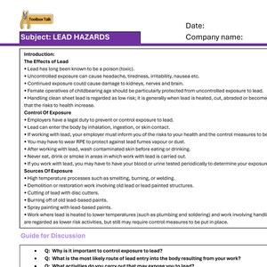 Toolbox Talk - Lead Hazards - PDF Digital Download - Etsy