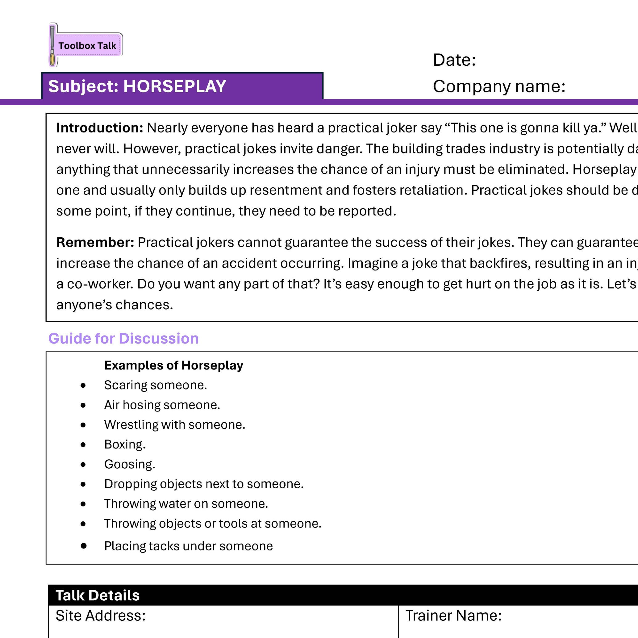 Toolbox Talk - Horseplay - PDF Digital Download - Etsy