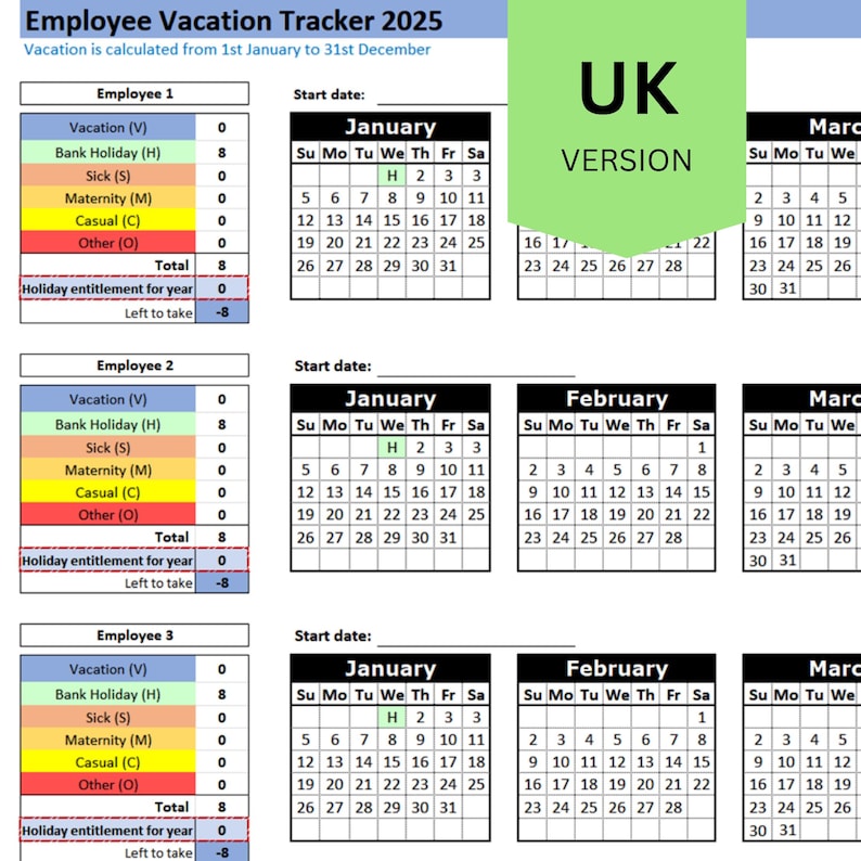 2025 Employee Vacation Tracker (UK) - EXCEL Digital Download - Etsy
