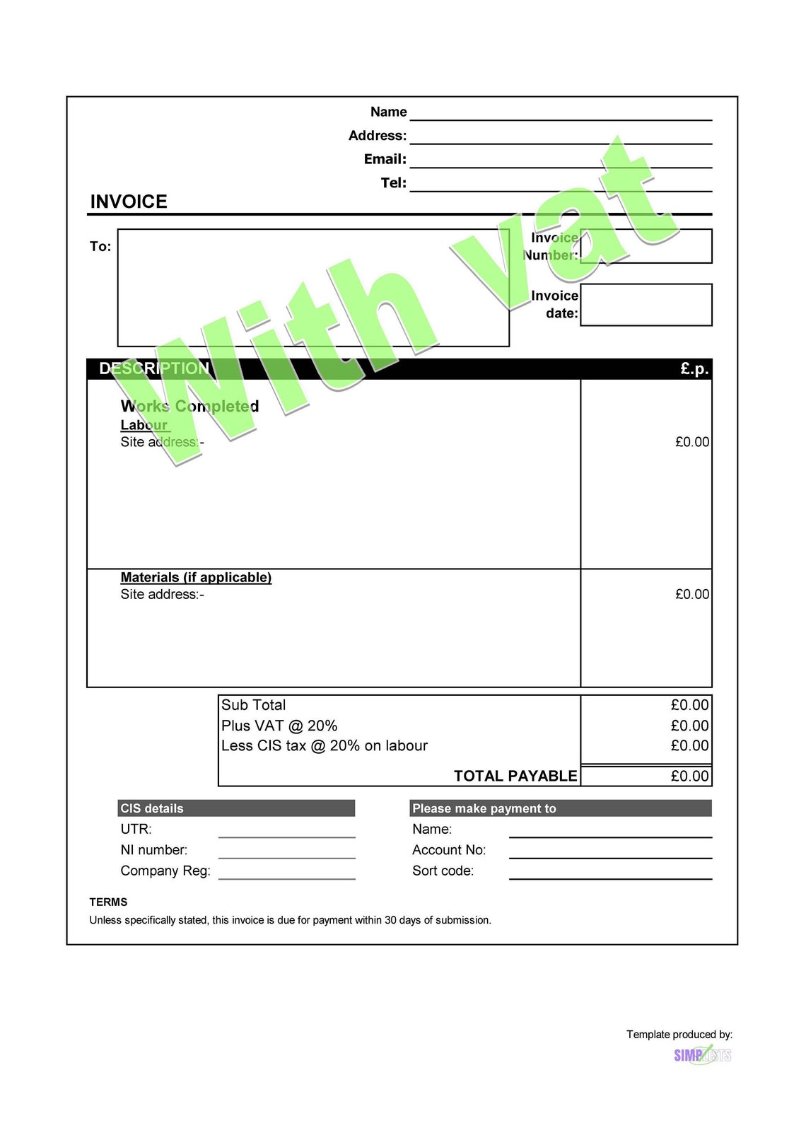 EXCEL CIS Invoice Template (with Vat) Download - Etsy EXCEL CIS Invoice Template (with Vat) Download - Etsy