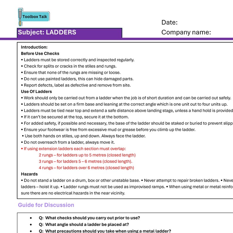 Toolbox Talk Ladders PDF Digital Download - Etsy