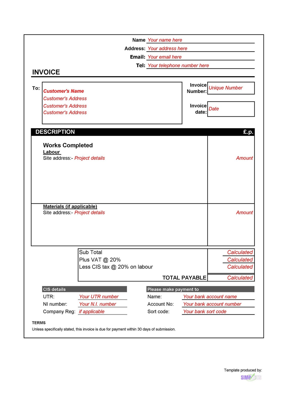 EXCEL CIS Invoice Template (with Vat) Download - Etsy
