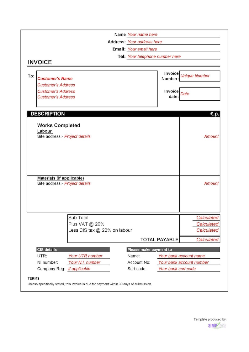 EXCEL CIS Invoice Template (with Vat) Download - Etsy