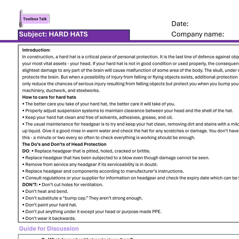 Toolbox Talk - Hard Hats - PDF Digital Download - Etsy