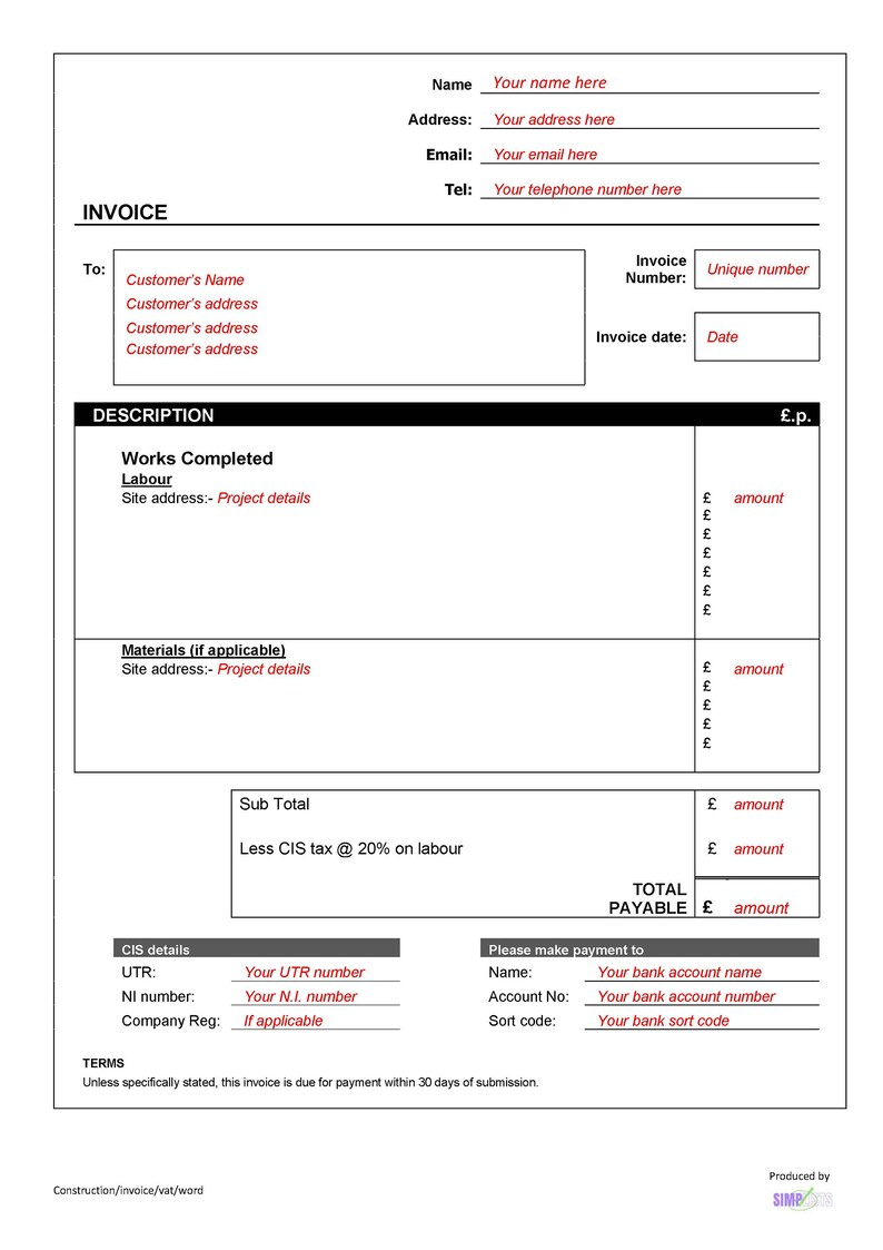 CIS Invoice Template (without Vat) - WORD File Instant Digital Download ...