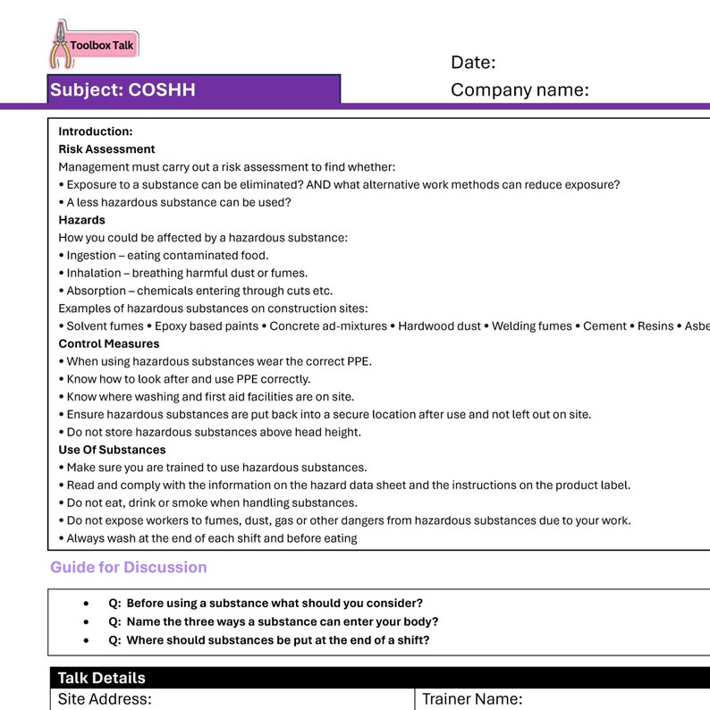 Toolbox Talk - COSHH - PDF Digital Download - Etsy Australia