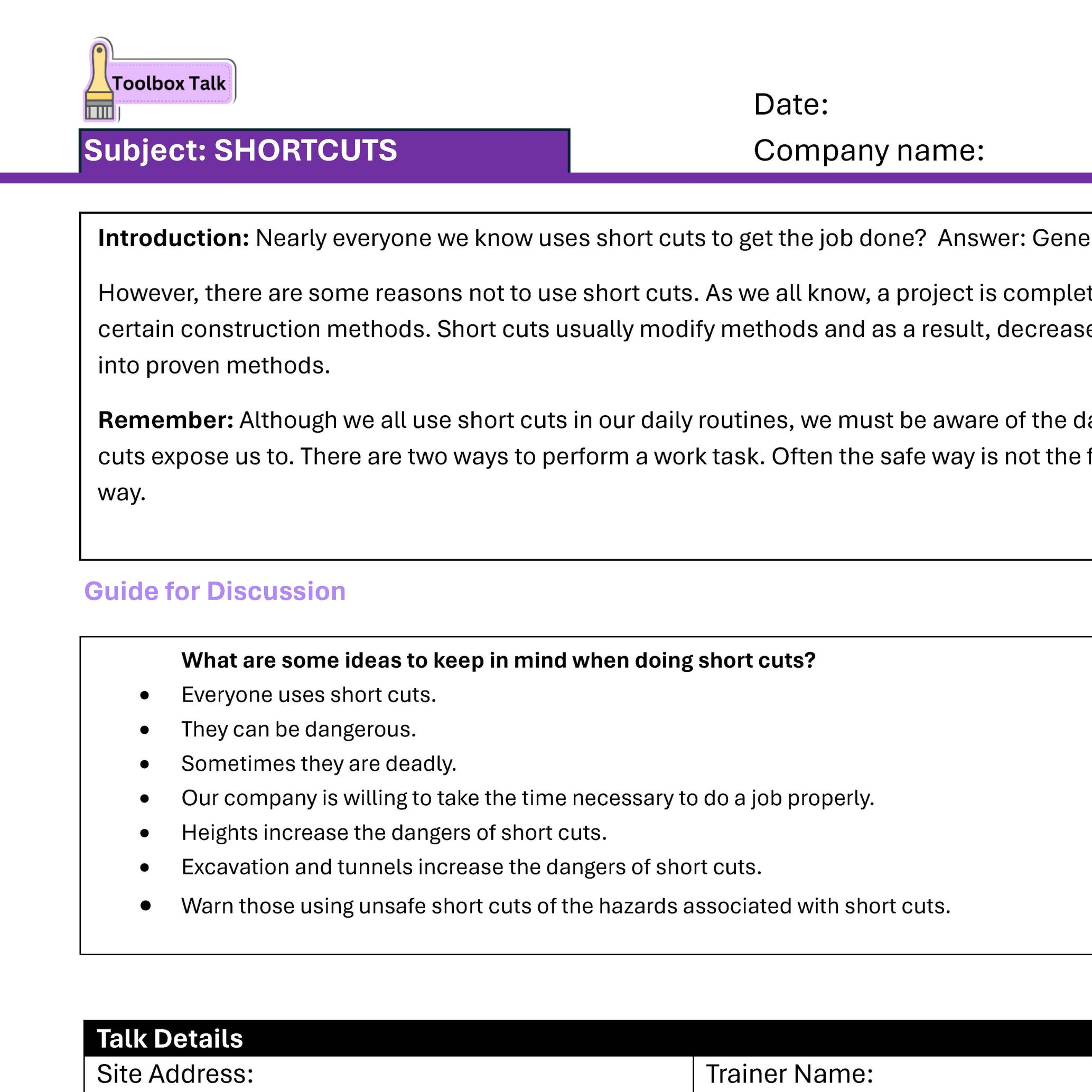 Toolbox Talk - Shortcuts - PDF Digital Download - Etsy