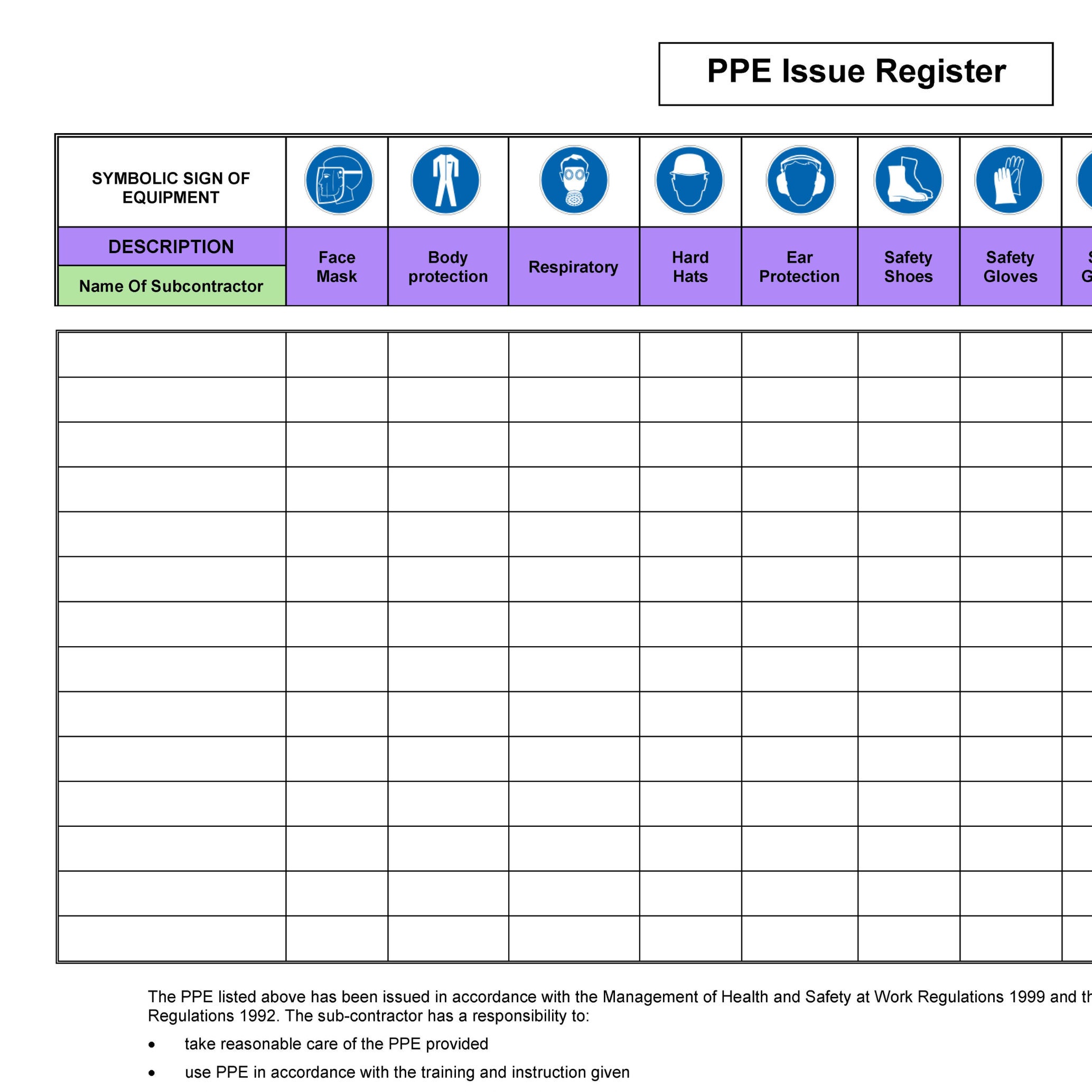 PPE Issue Register - Pdf Download - Etsy