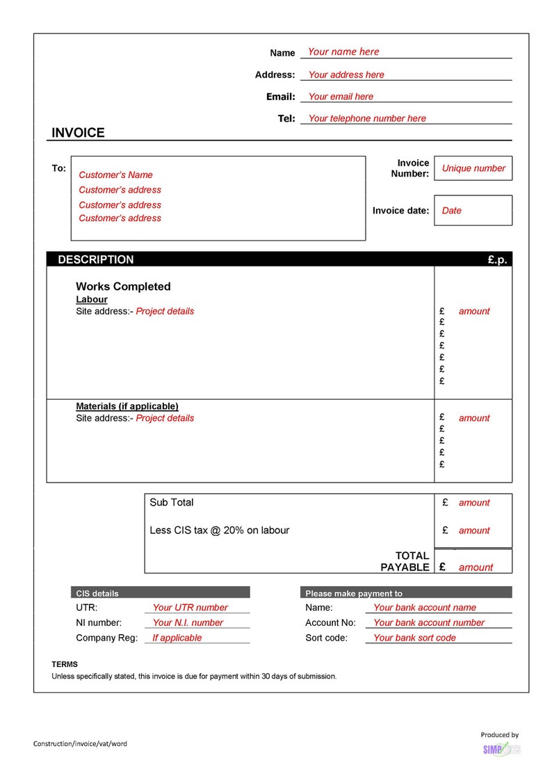 CIS Invoice Template (without Vat) - PDF File Instant Digital Download ...