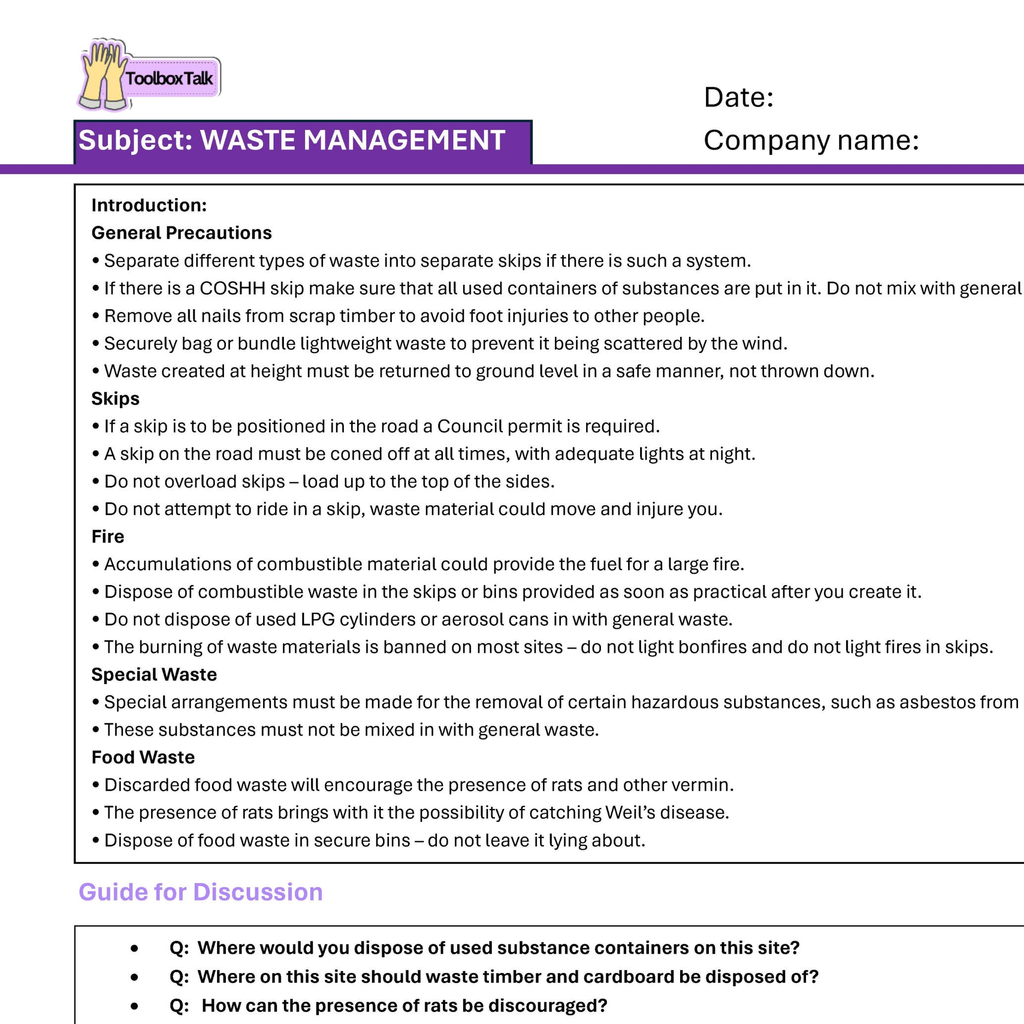 Toolbox Talk - Waste Management - PDF Instant Digital Download - Etsy