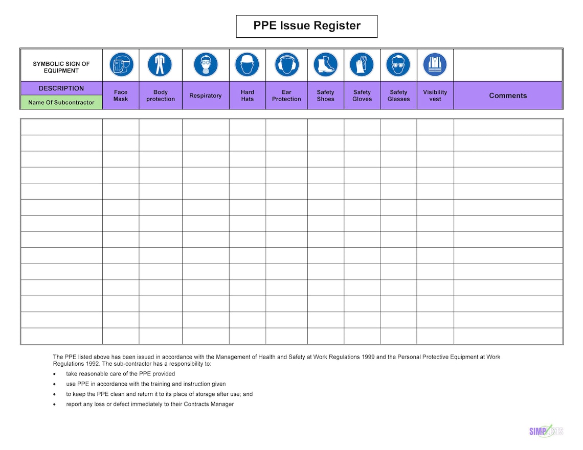 PPE Issue Register - Pdf Download - Etsy