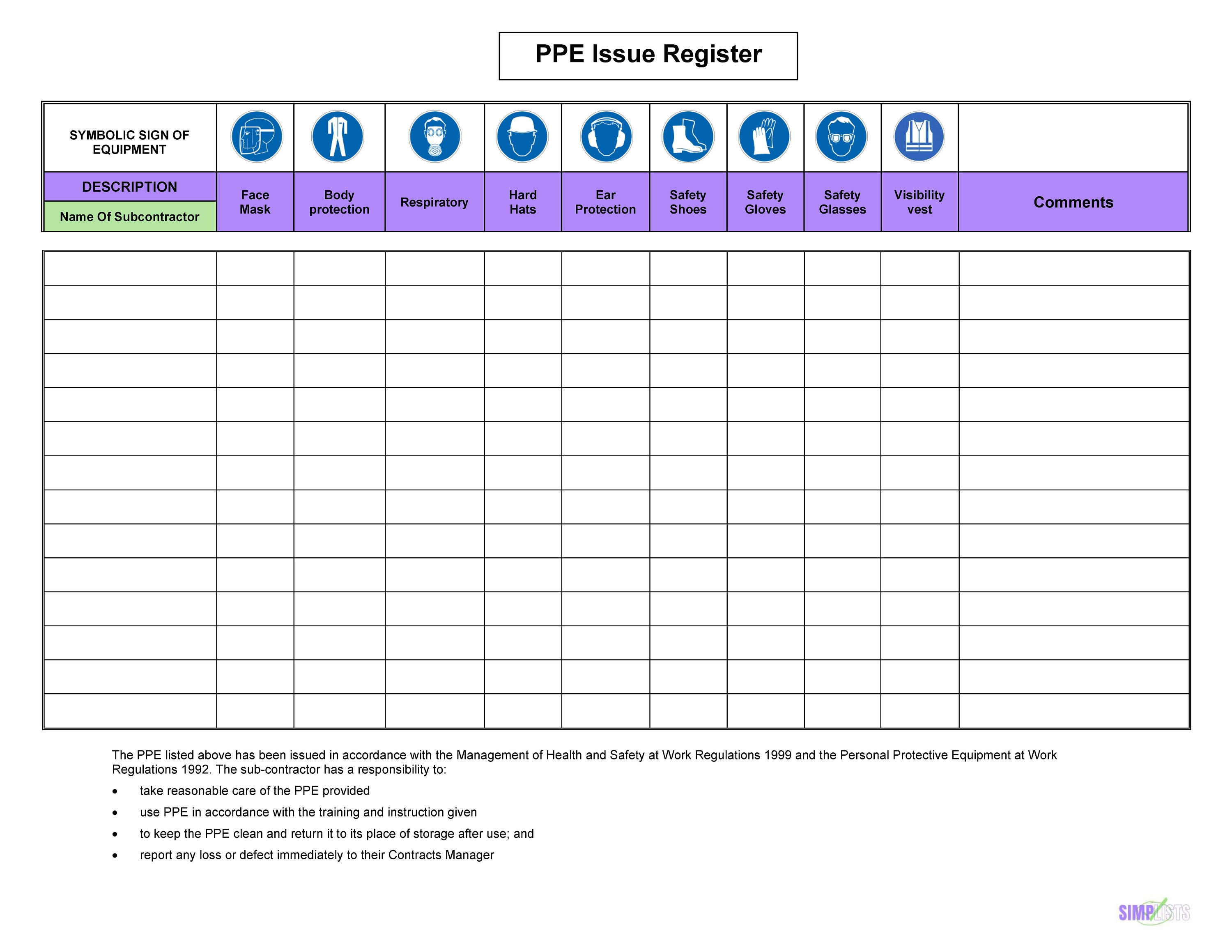 PPE Issue Register - PDF File Instant Download - Etsy