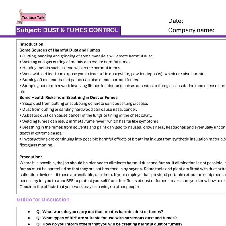 Toolbox Talk - Dust & Fumes - PDF Digital Download - Etsy