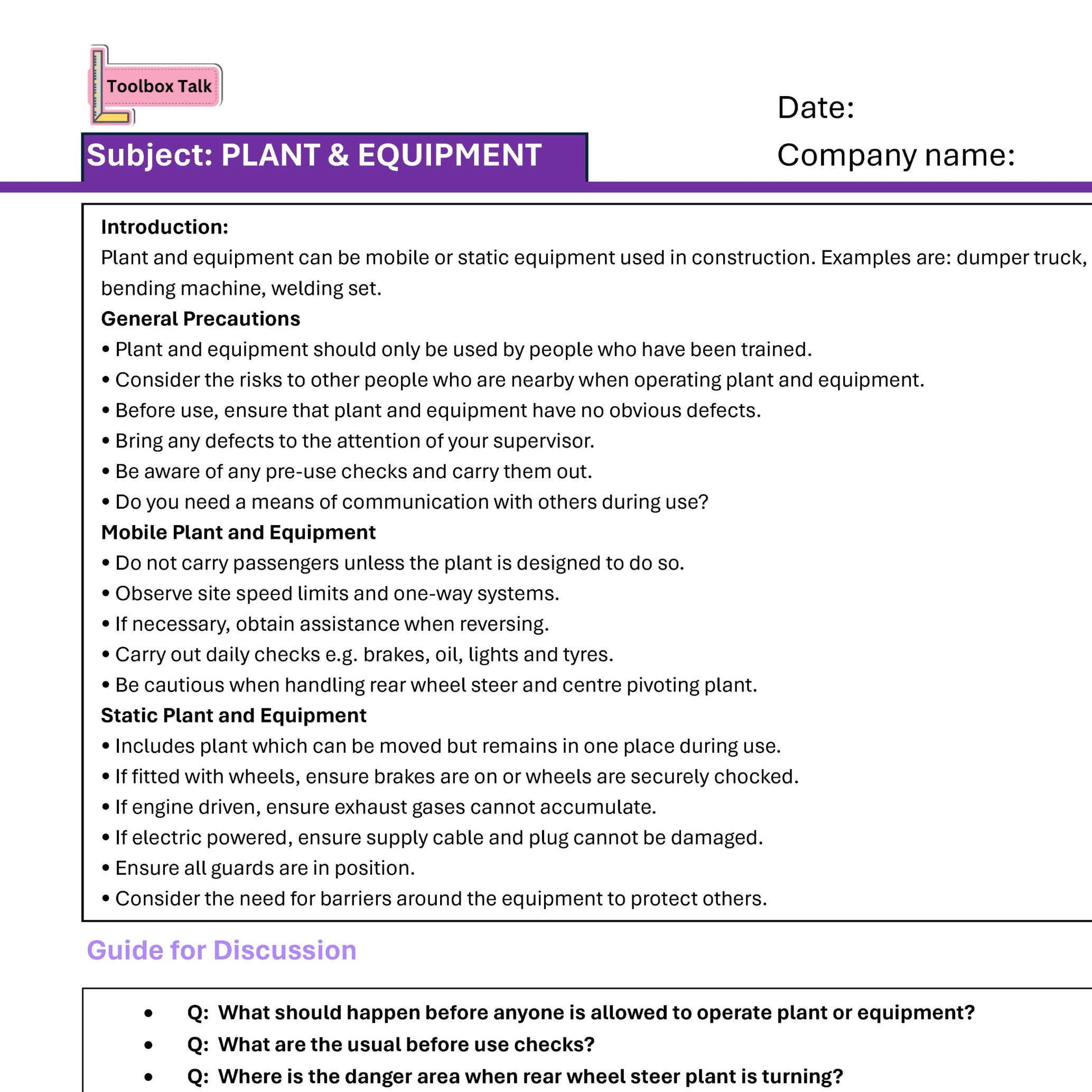 Toolbox Talk - Plant & Equipment - PDF Instant Digital Download - Etsy