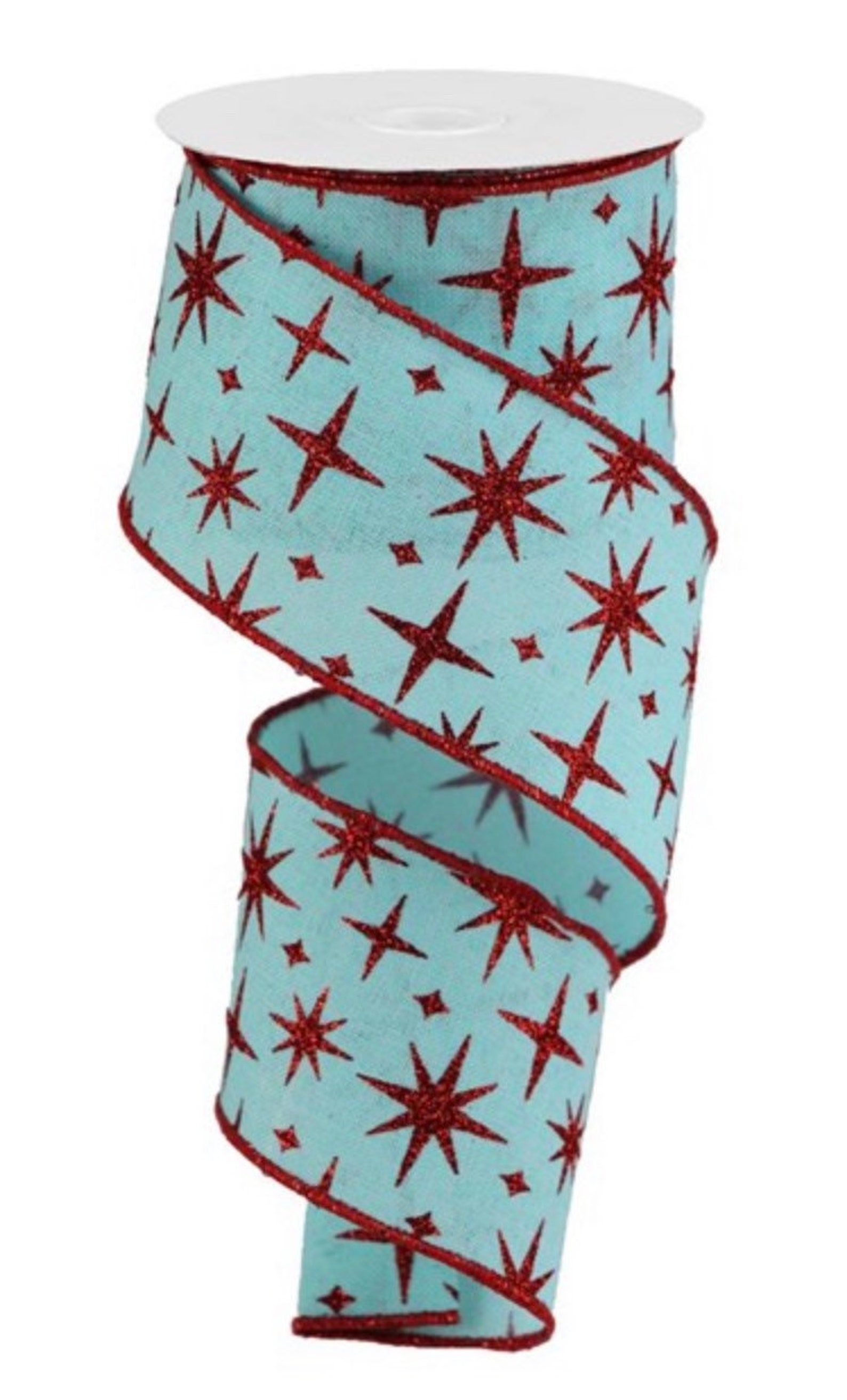 Ice Blue and Red Glitter Stars Ribbon, 2.5x10yd Wire Ribbon, Christmas ...