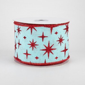 Ice Blue and Red Glitter Stars Ribbon, 2.5x10yd Wire Ribbon, Christmas ...