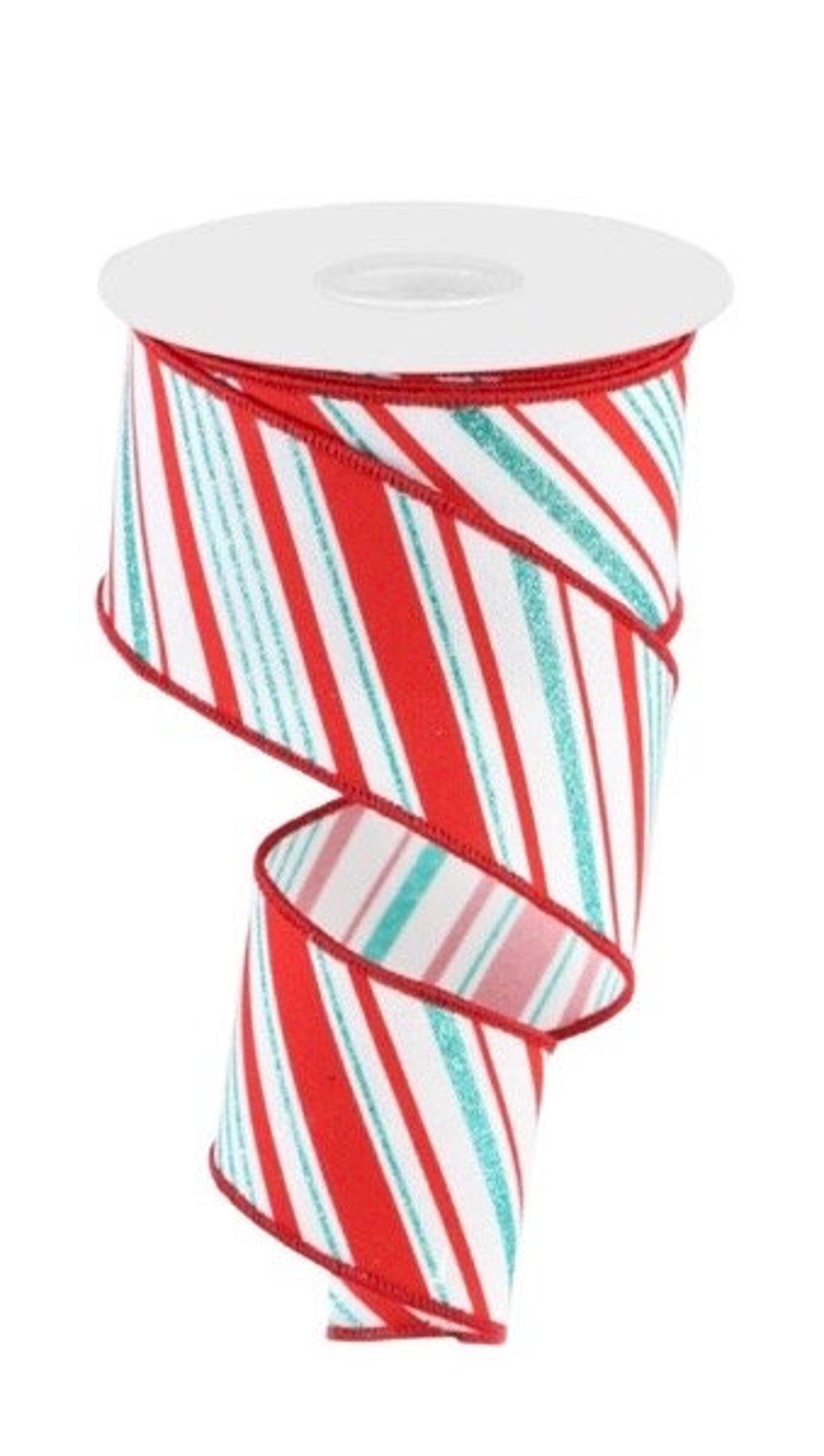 Ice Blue and Red Glitter Diagonal Line Ribbon, 2.5x10yd Wire Ribbon ...