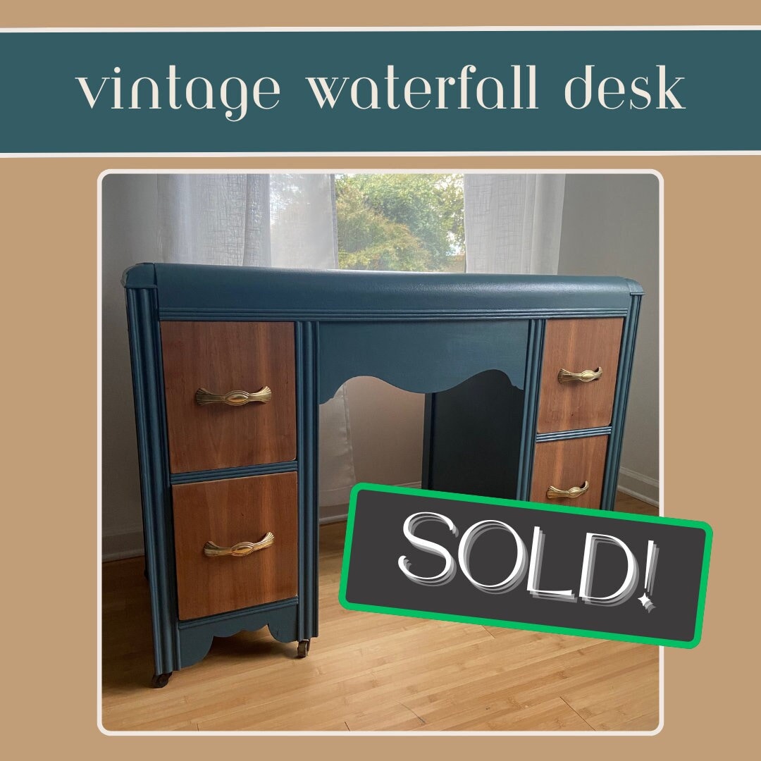 SOLD! | Vintage Waterfall Desk | Muted Navy Blue Antique Vanity | Home ...