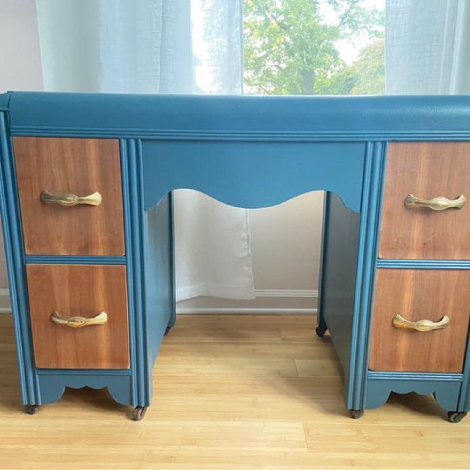 SOLD! | Vintage Waterfall Desk | Muted Navy Blue Antique Vanity | Home ...