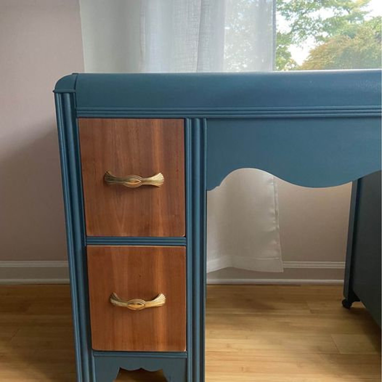 SOLD! | Vintage Waterfall Desk | Muted Navy Blue Antique Vanity | Home ...