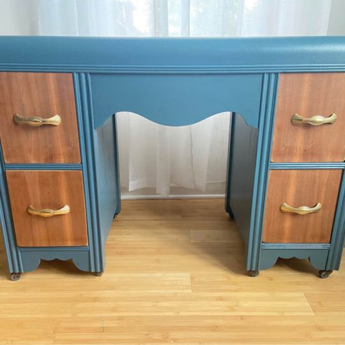 SOLD! | Vintage Waterfall Desk | Muted Navy Blue Antique Vanity | Home ...