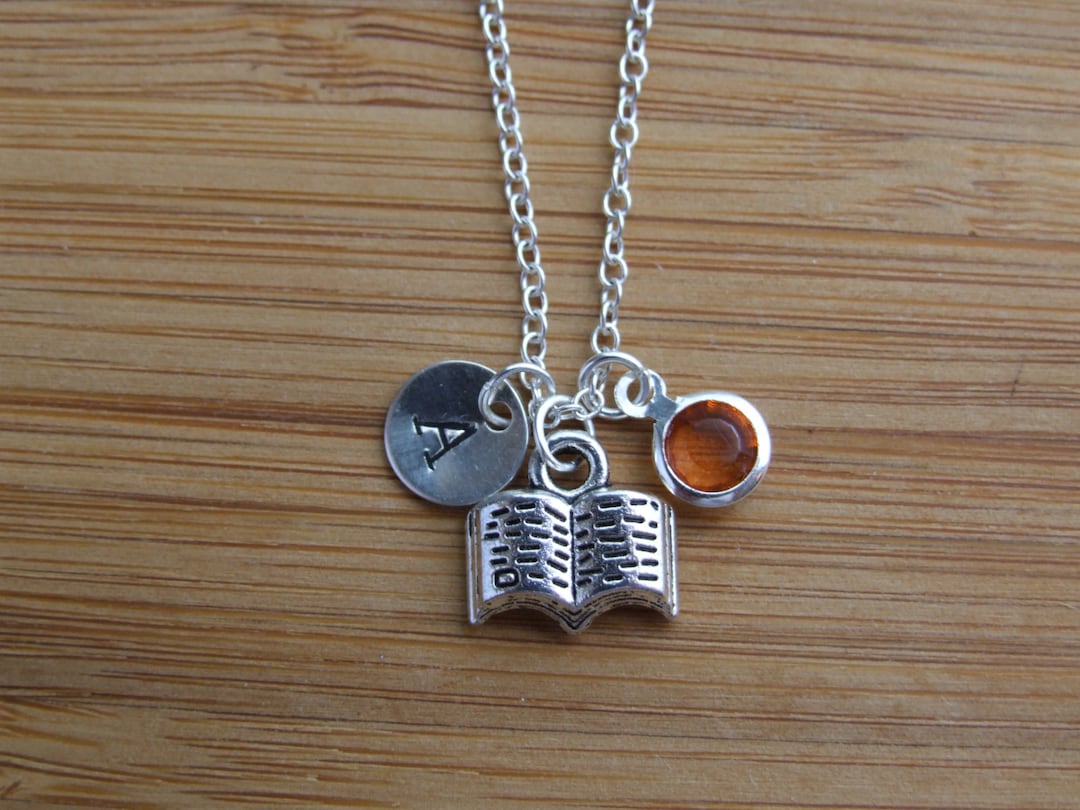 Open Book Necklace, Personalized Hand Stamped Initial Birthstone ...