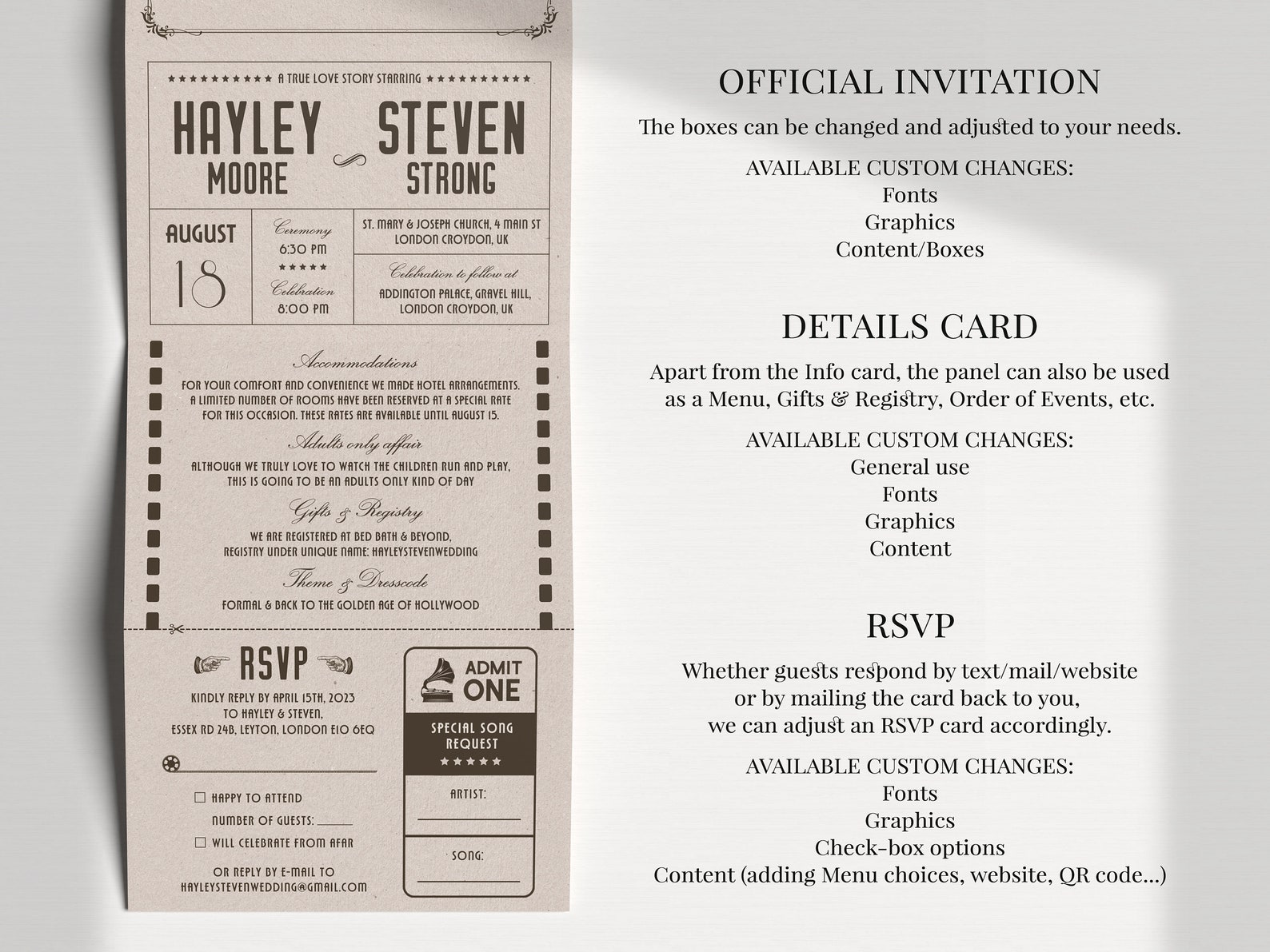 Digital Tri Fold Art Deco Wedding Invitation, Movie Ticket (PDF) - Etsy