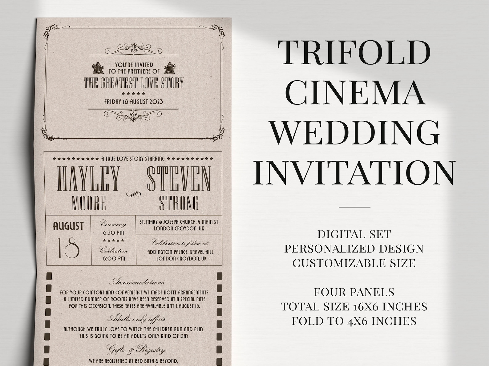 Digital Tri Fold Art Deco Wedding Invitation, Movie Ticket (PDF) - Etsy