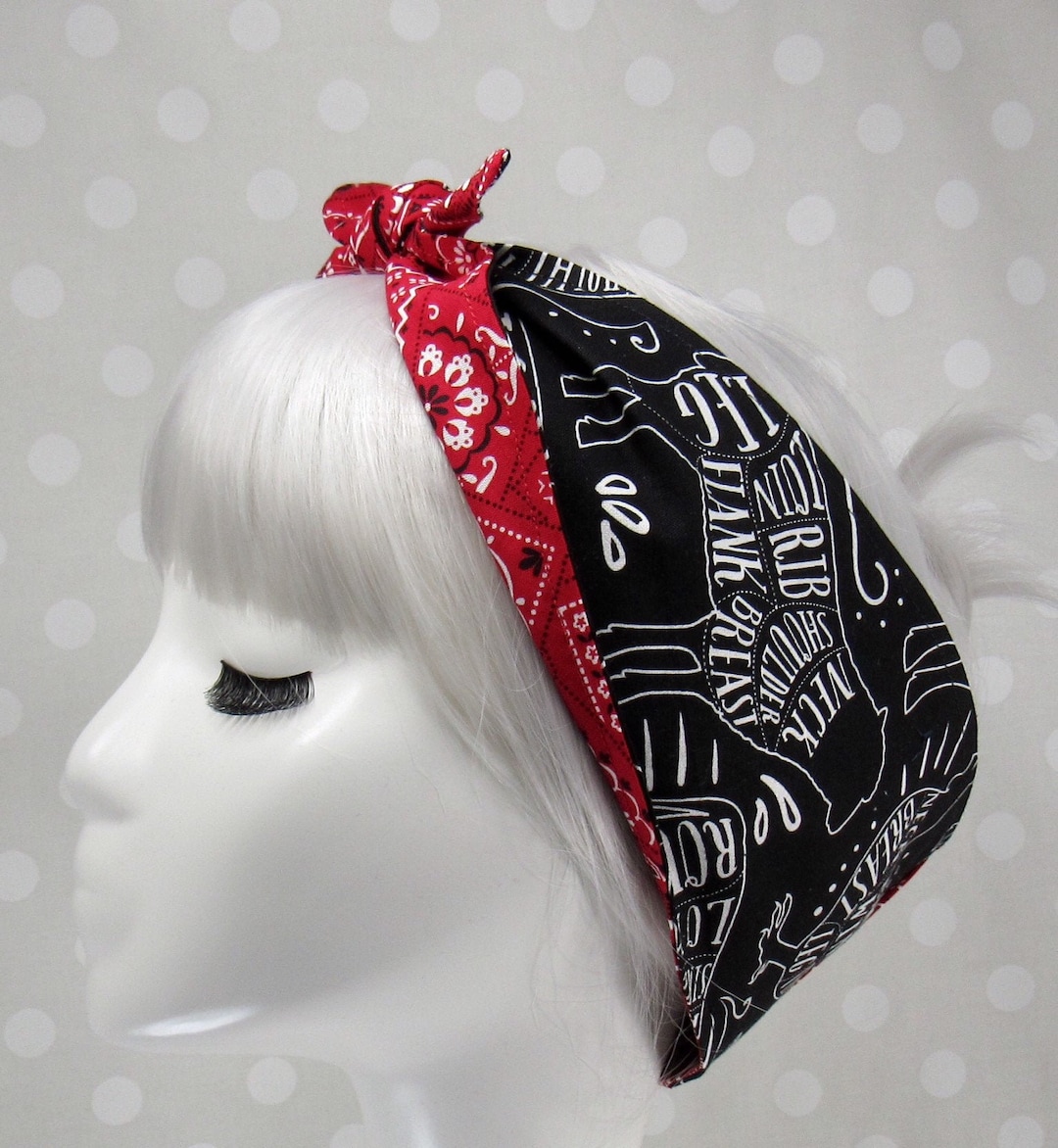Handmade Red Bandana Hair Scarf: Butcher Print, Non-slip, Beaded - Etsy