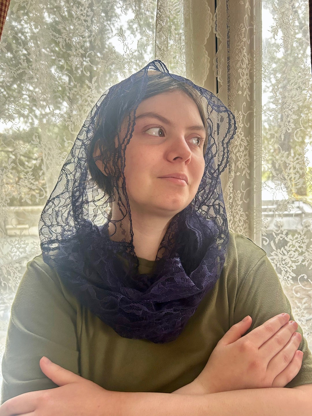 Beautiful Blue, Lace Infinity Chapel Veil/ Mantilla - Etsy