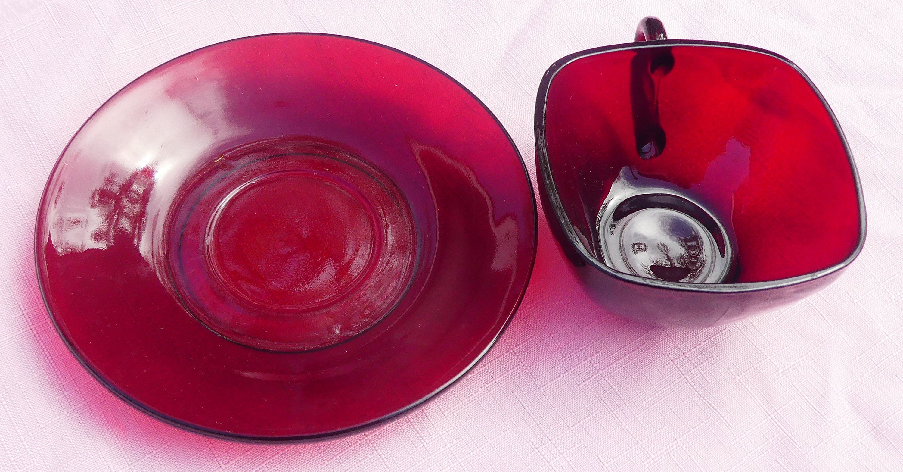 Red Glass Cup and Saucer -square Shaped Cup-6 Oz -barware-set ...