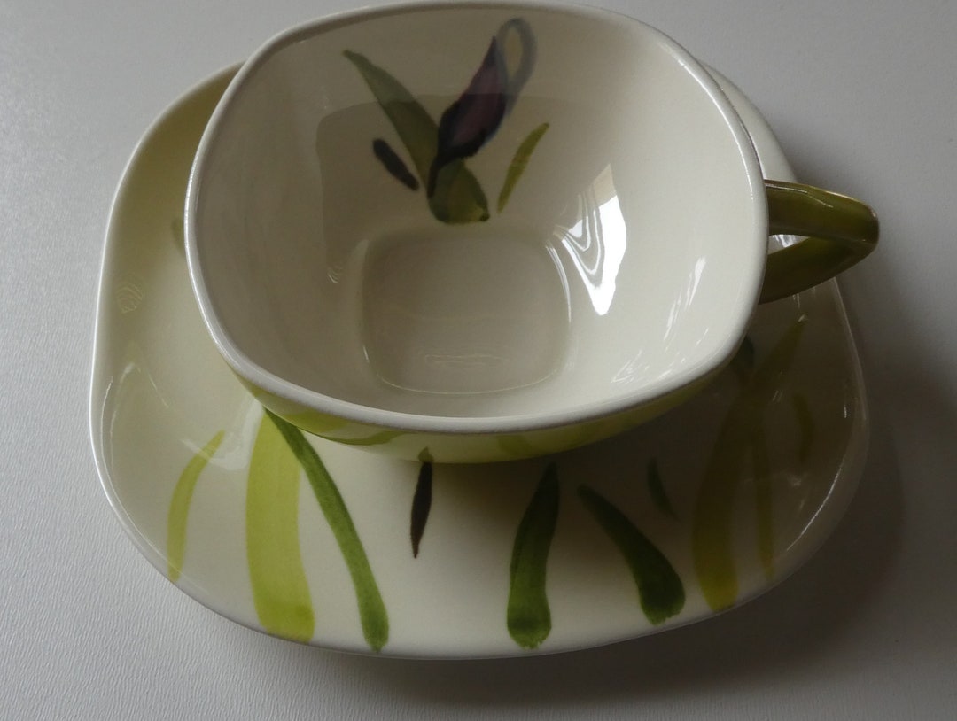 Square Green Tea Cup and Saucer-redwing-iris -wedding Gift - Etsy