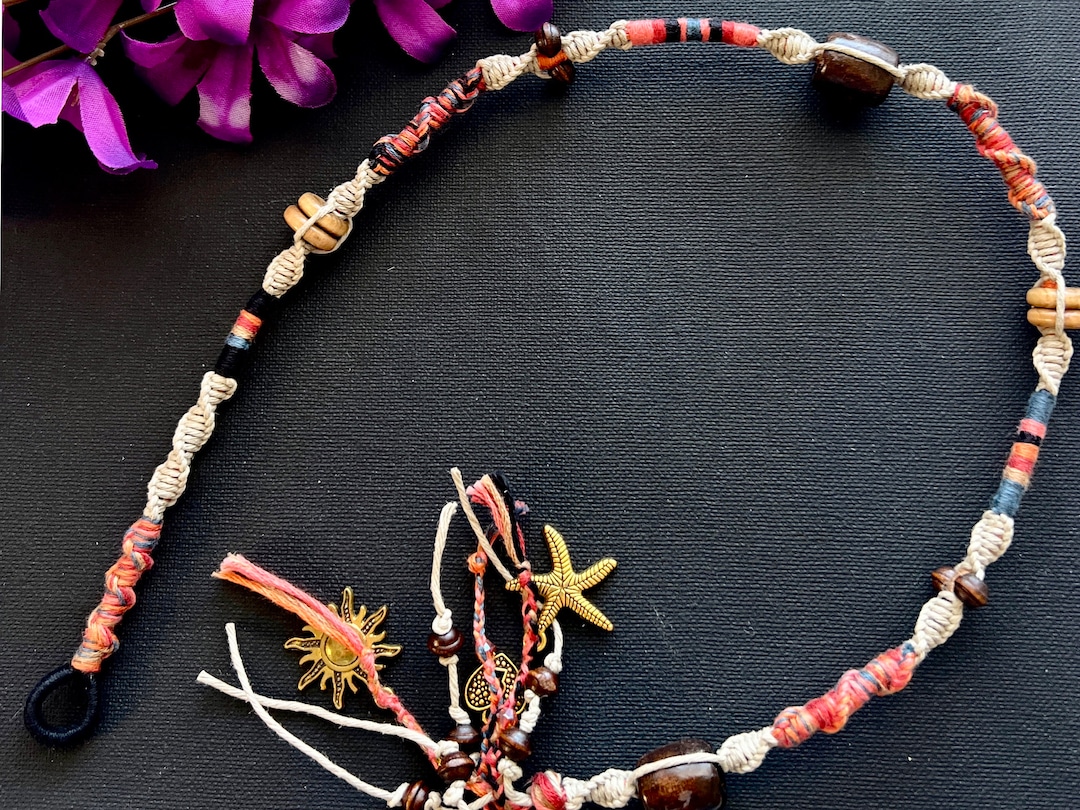 Black and Coral Macrame Hemp Hair Wrap With Charms for Braids and Locs ...